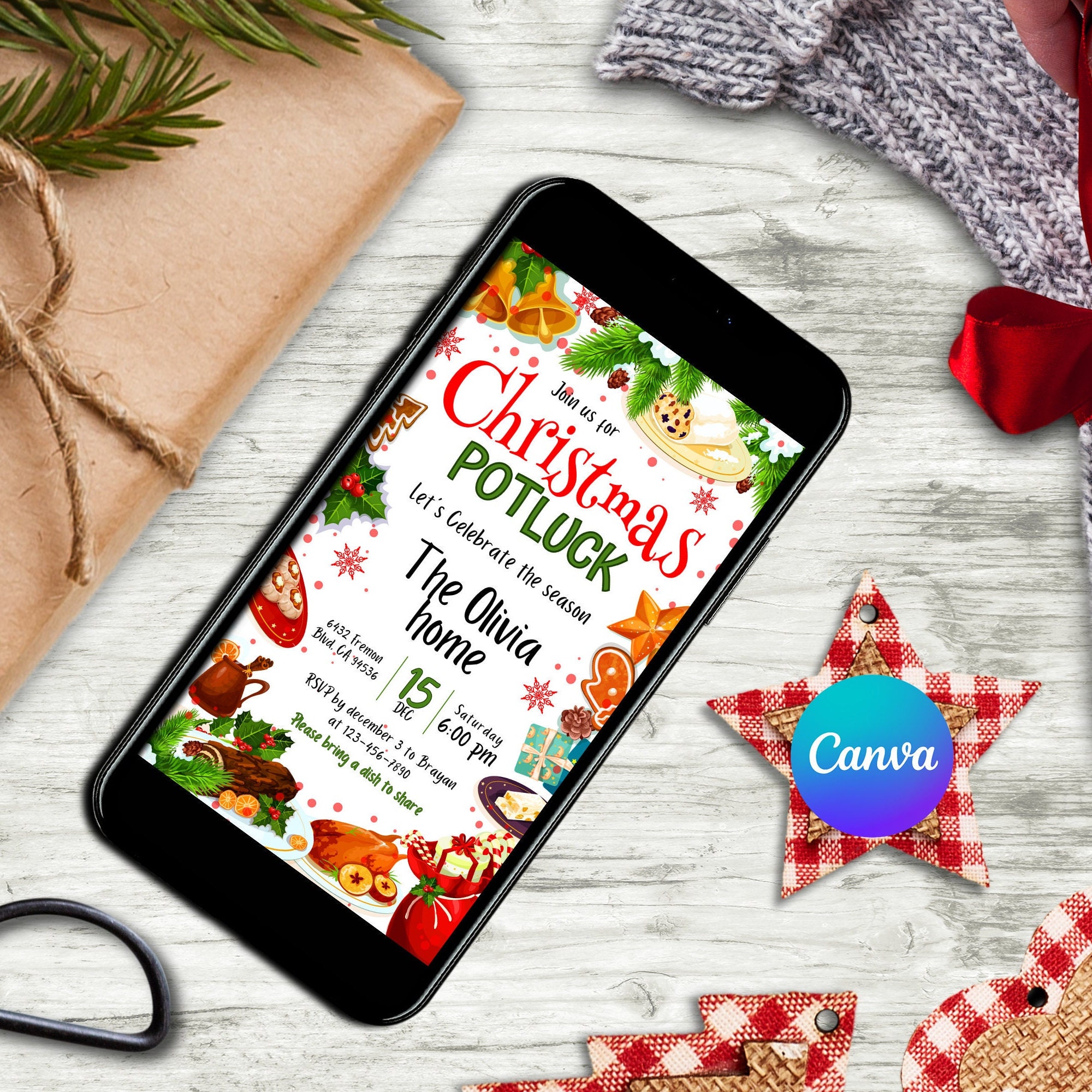 Holiday Potluck Dinner Party Invitation, Editable Invitation Christmas ...