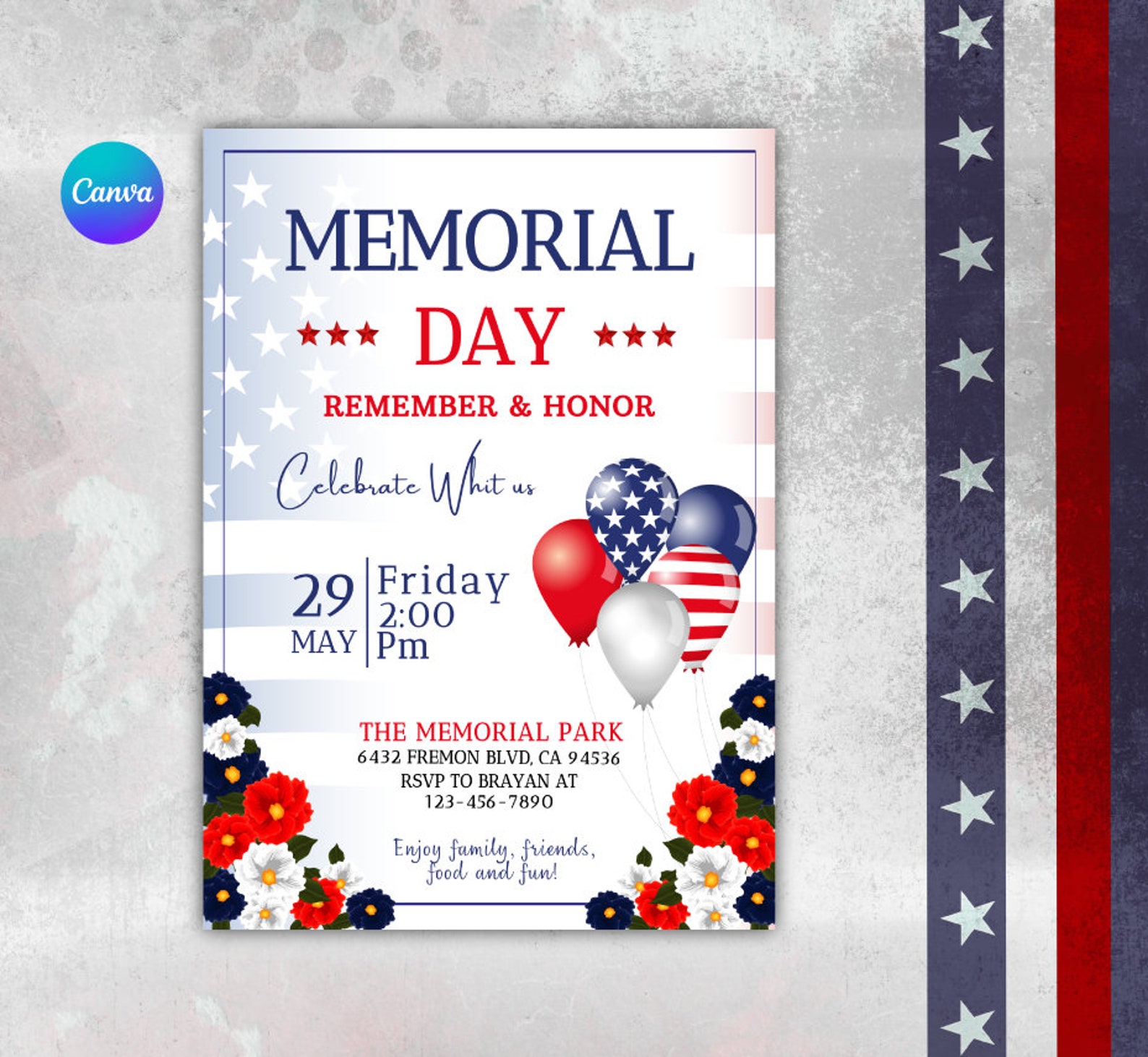 Memorial Day Party Invitation, Memorial Day Invitation, Red White and ...