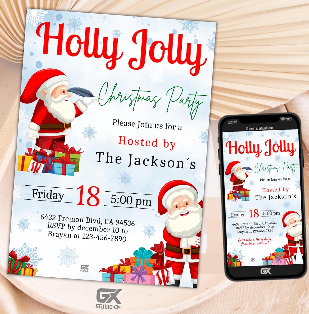 Holly Jolly Christmas Santa Claus Invitation | Xmas Party Template | Customizable Festive Invite ...