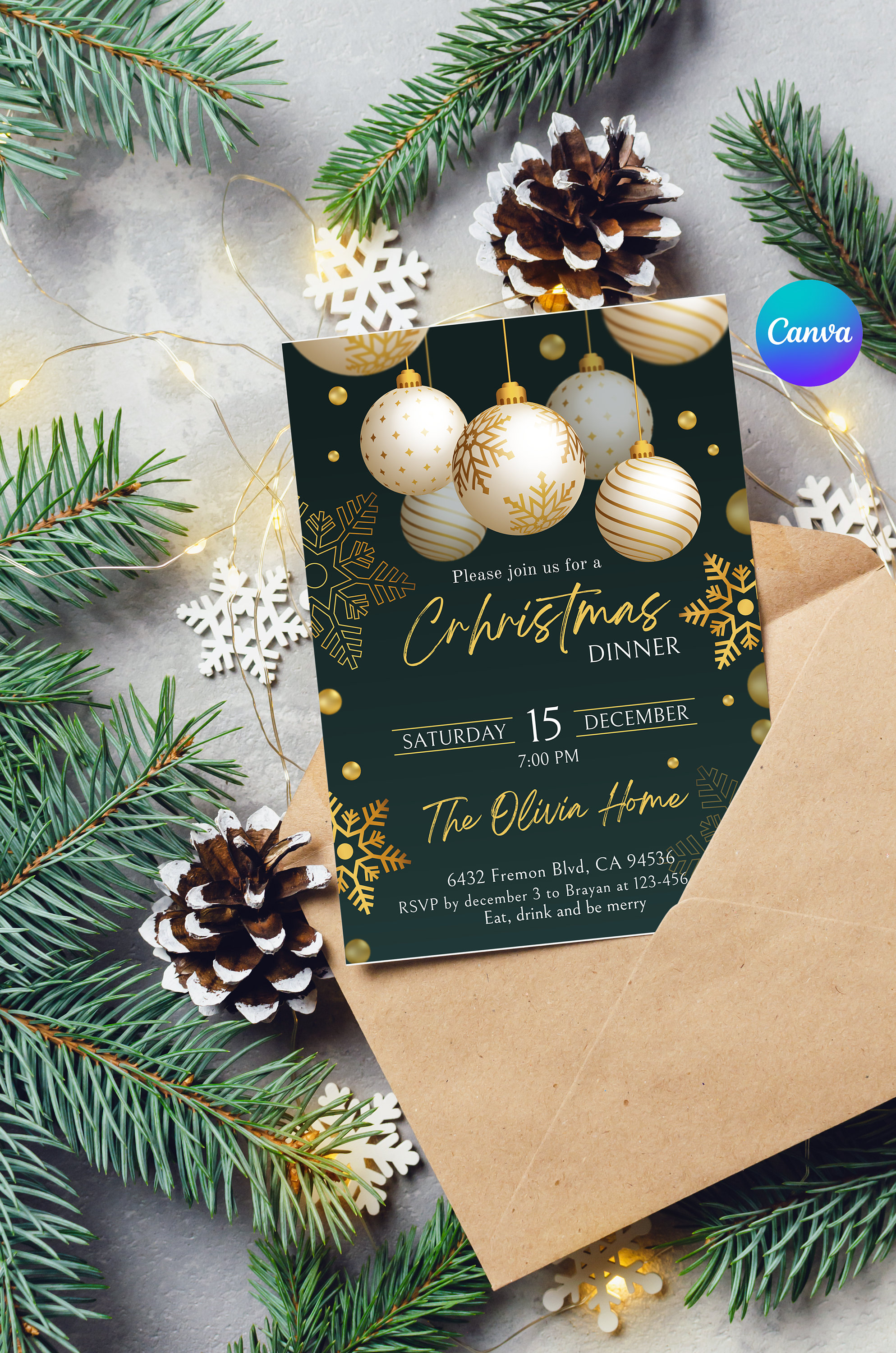 Christmas Dinner Party Invitation Template, Xmas Dinner Invite, Winter ...