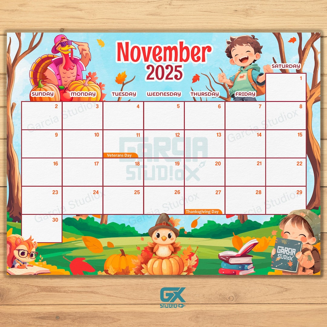 PRINTABLE November 2025 Calendar for Kids, Thanksgiving Turkey Theme ...