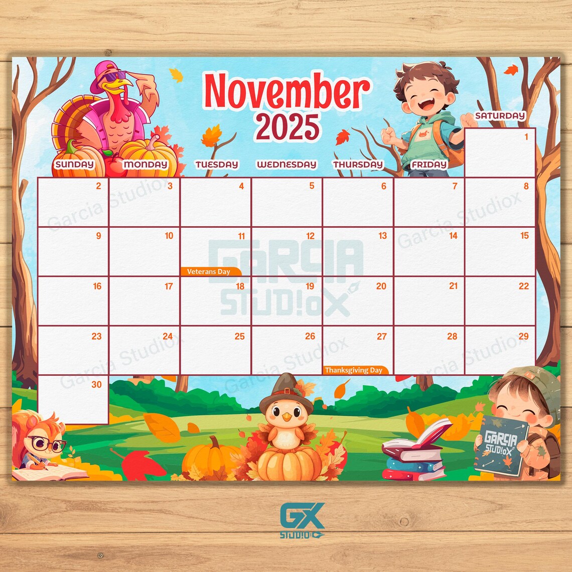 PRINTABLE November 2025 Calendar for Kids, Thanksgiving Turkey Theme ...