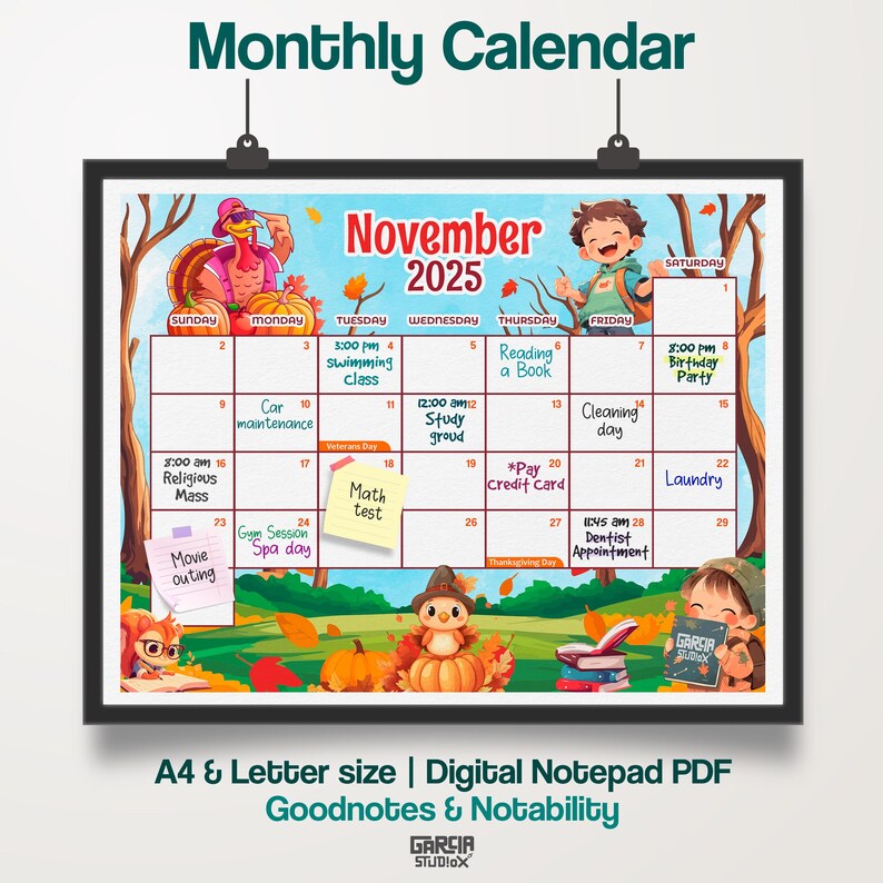 PRINTABLE November 2025 Calendar for Kids, Thanksgiving Turkey Theme ...