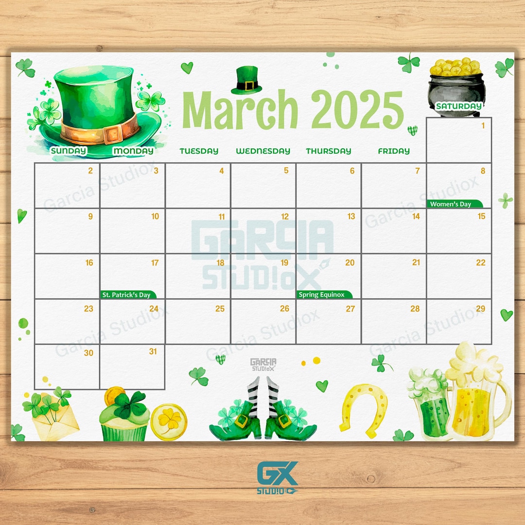 March 2025 Calendar St. Patrick's Theme | Monthly Planner With U.S ...