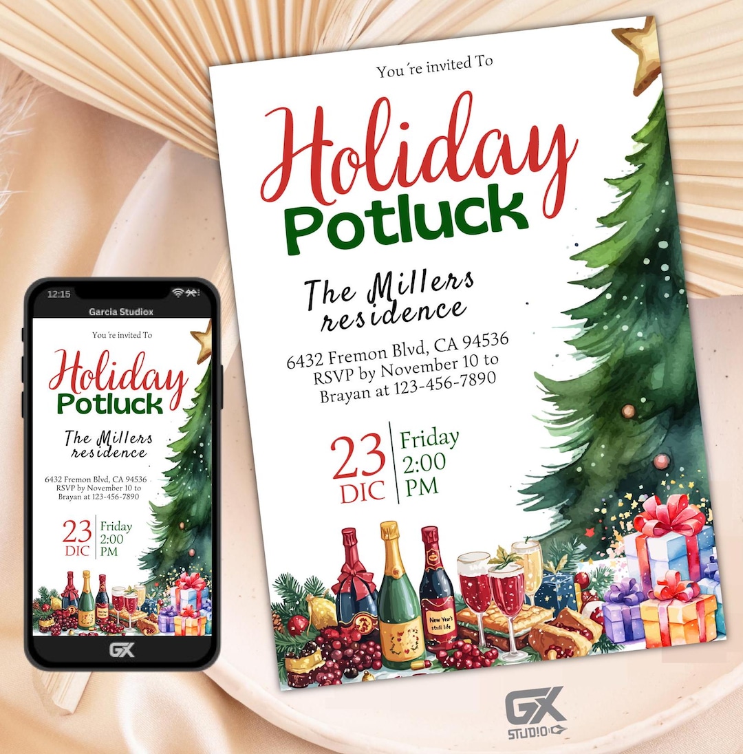 EDITABLE Holiday Potluck Invitation, Christmas Potluck Party Invite ...