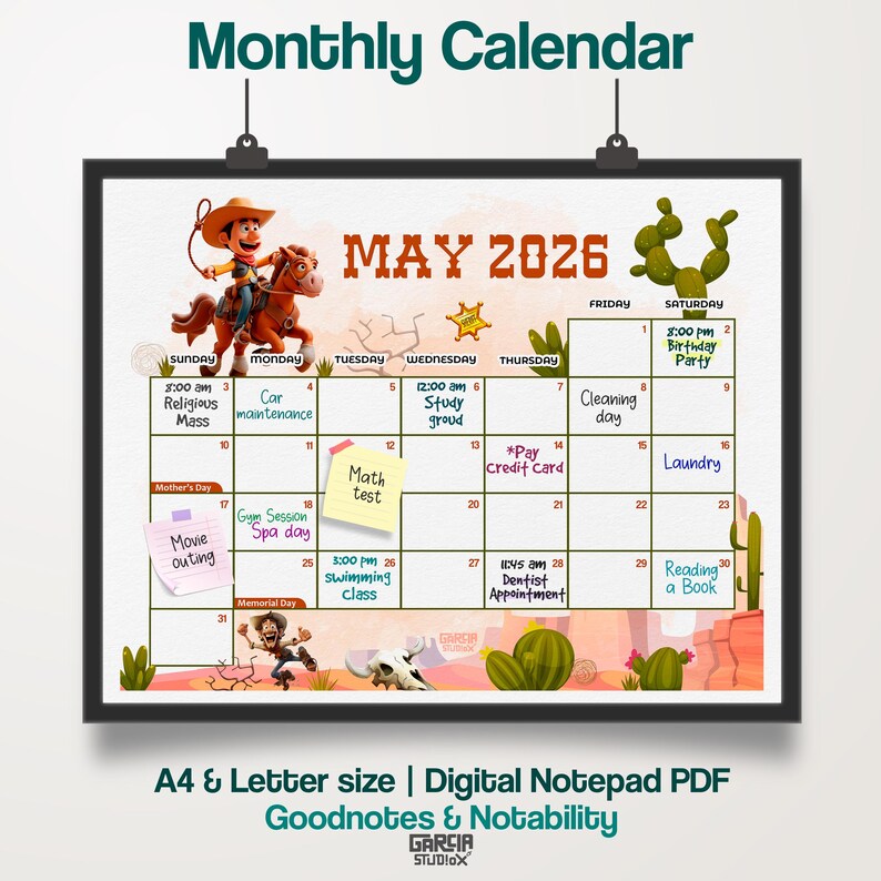 Printable May 2026 Calendar for Kids With Cowboy Theme, Monthly Planner ...