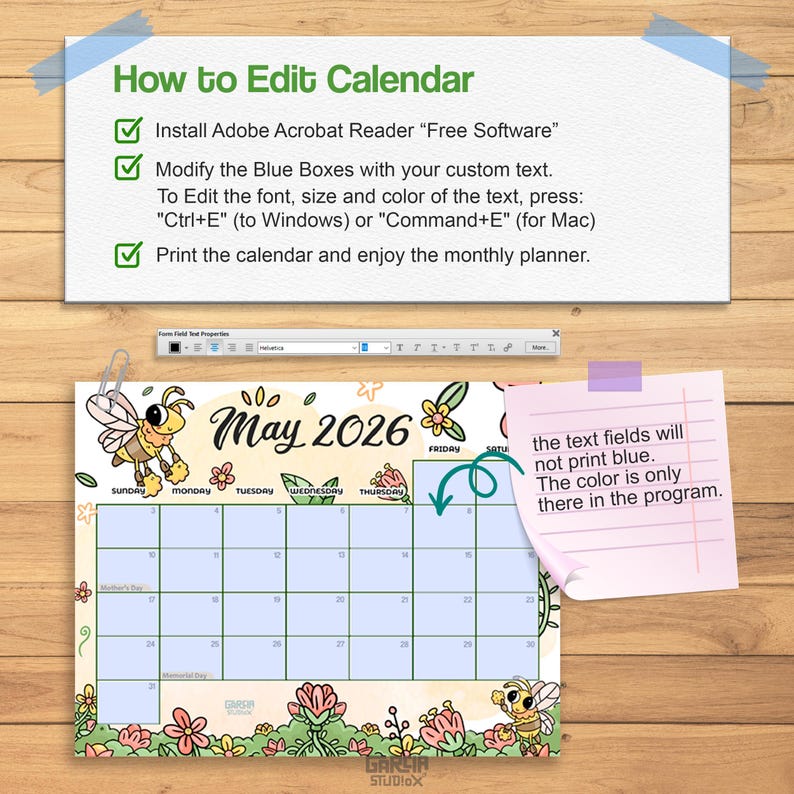 May 2026 Printable Calendar: Bee & Flower Theme, Editable PDF (US ...