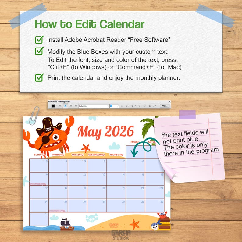 May 2026 Printable Calendar for Kids, Pirate Crab Theme, Cute Monthly ...