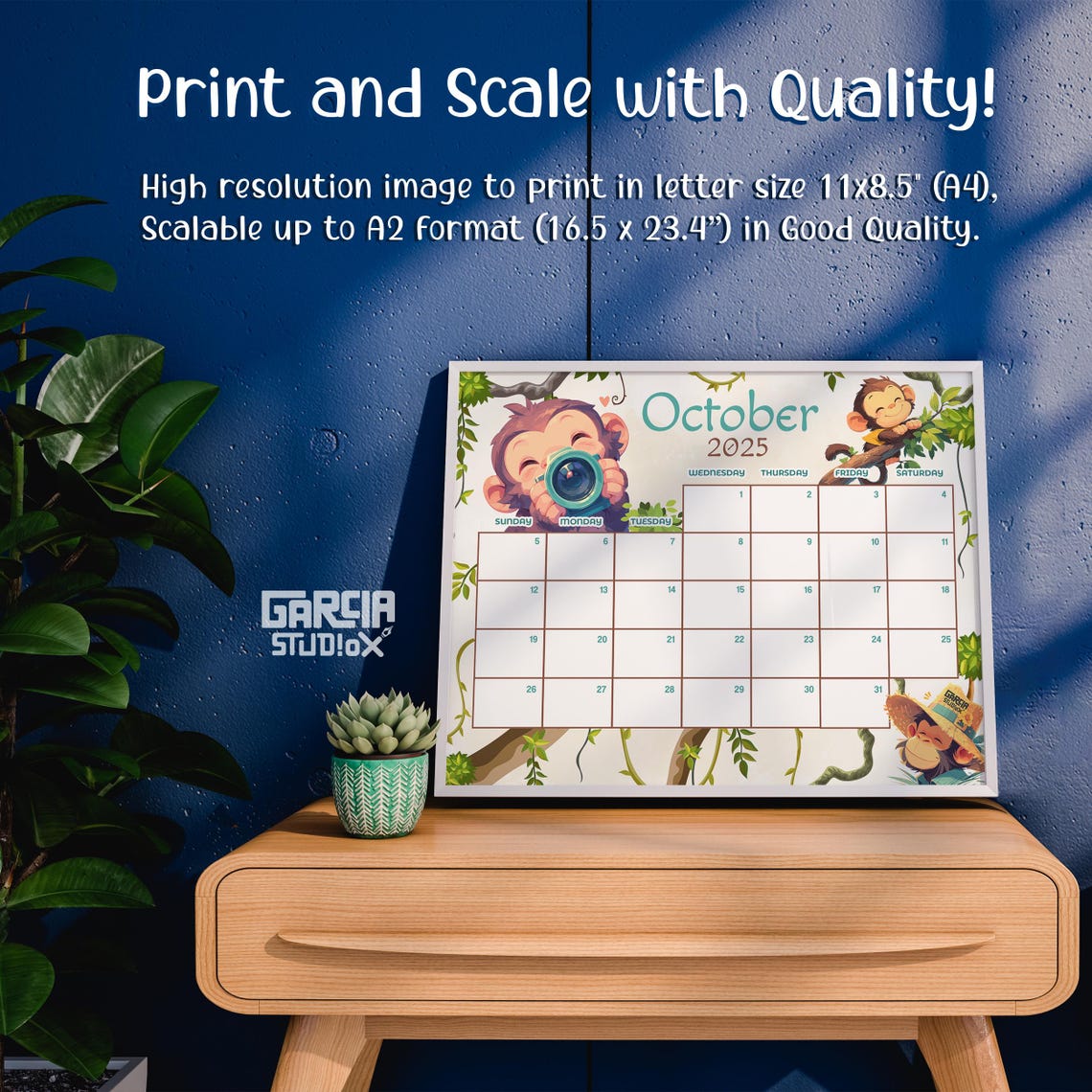 EDITABLE October 2025 Themed Safari Calendar, Monkey Design, Printable ...