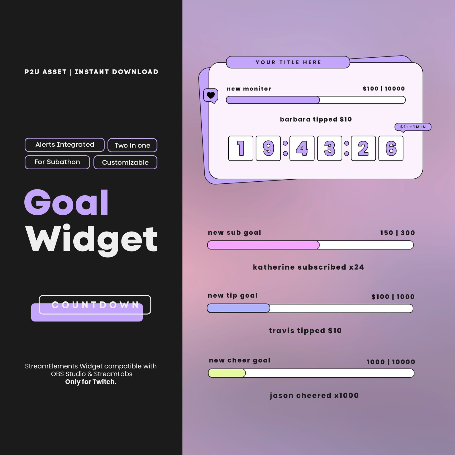 Countdown Goal Widget: With Integrated Alerts | for Subathon and Daily ...