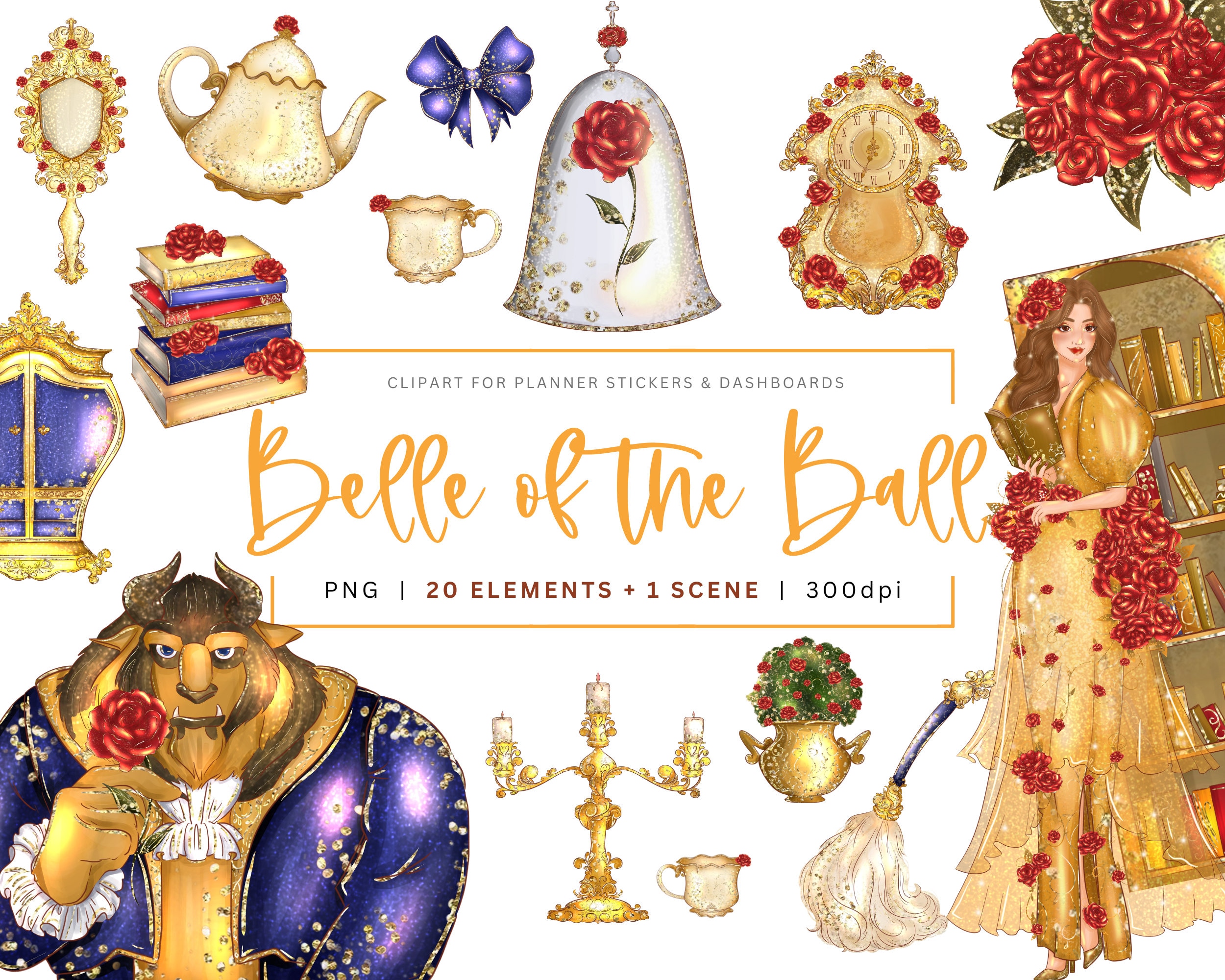 Belle and Beast Classic Love Clipart Bundle: Transparent PNG, Card ...