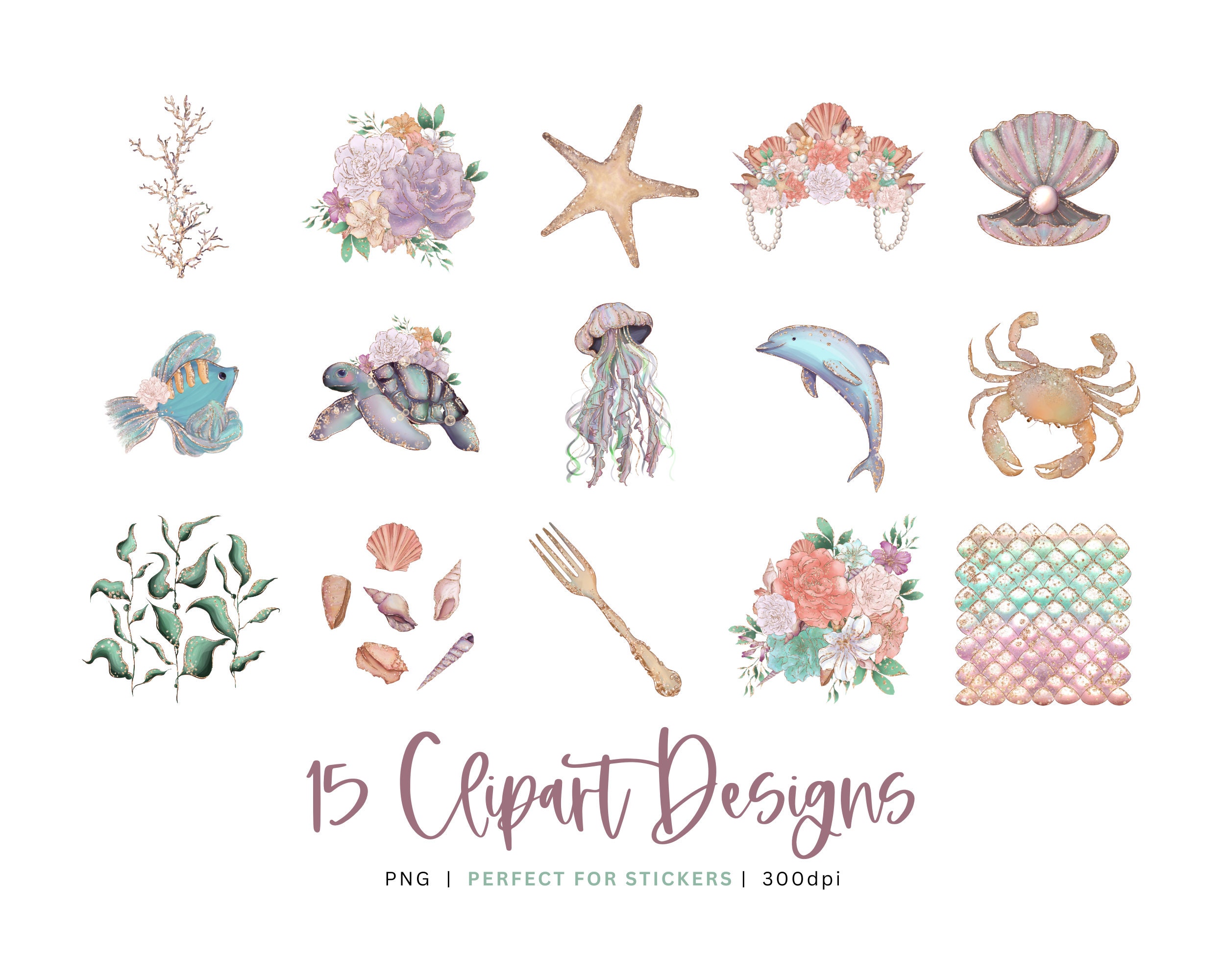 Magical Mermaid Clipart Bundle: Transparent PNG, Card Making, Junk ...