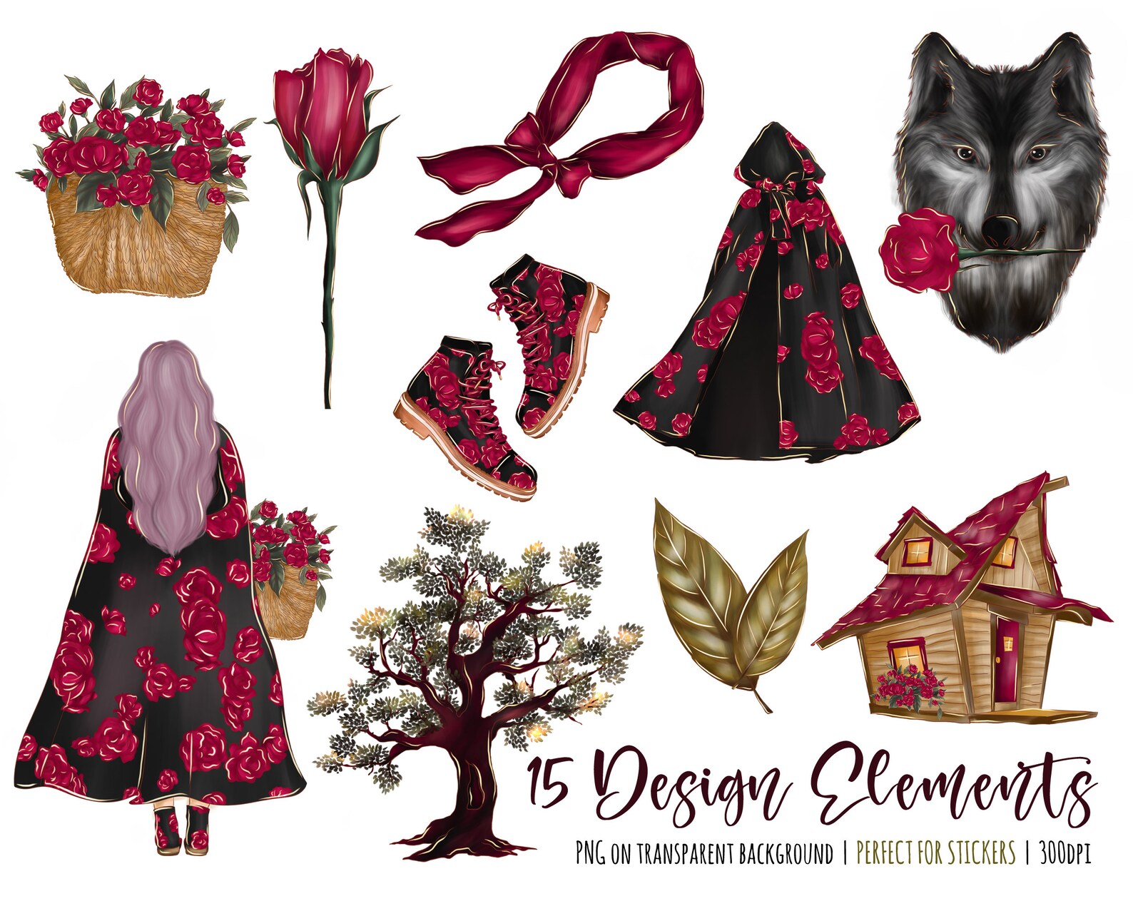 Enchanting Red Riding Hood Clipart: Transparent PNG, Card Making, Junk ...