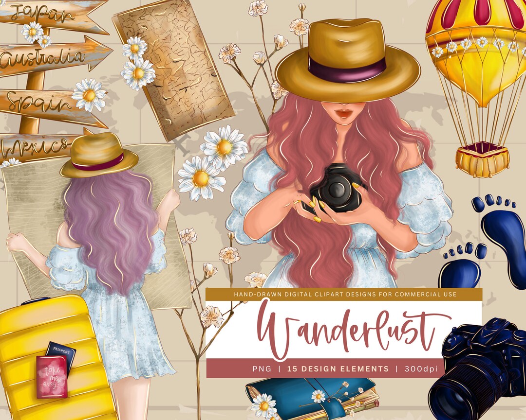 Wanderlust Watercolor Clipart Bundle: Travel Girls, PNG, Commercial Use ...