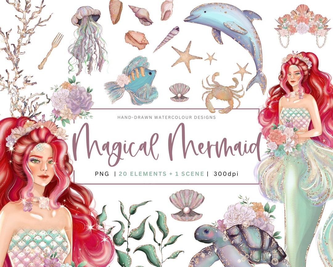 Magical Mermaid Clipart Bundle: Transparent PNG, Card Making, Junk ...