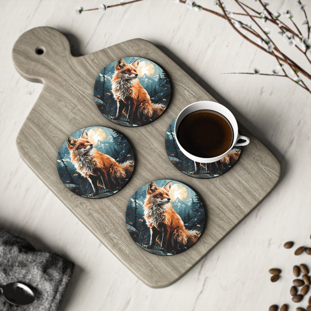 Winter Fox in Moonlight, Round and Square Coasters, Single and or 4 ...