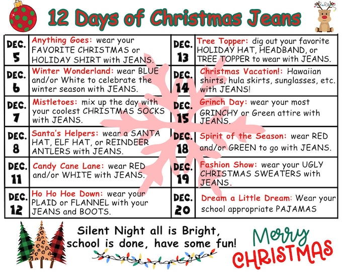 12 Days of Christmas Dress up Days, Christmas School Spirit Days ...