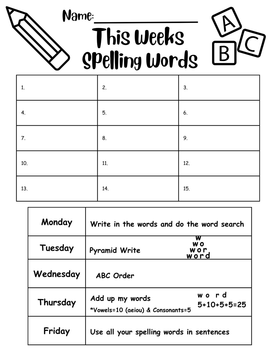 Weekly Spelling Words/activities - Etsy