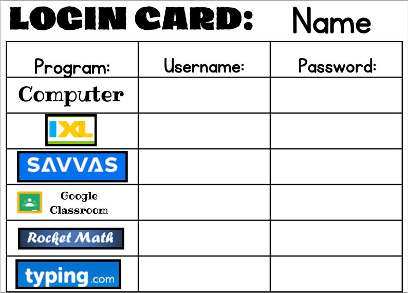 Login Cards for Classroom - Etsy
