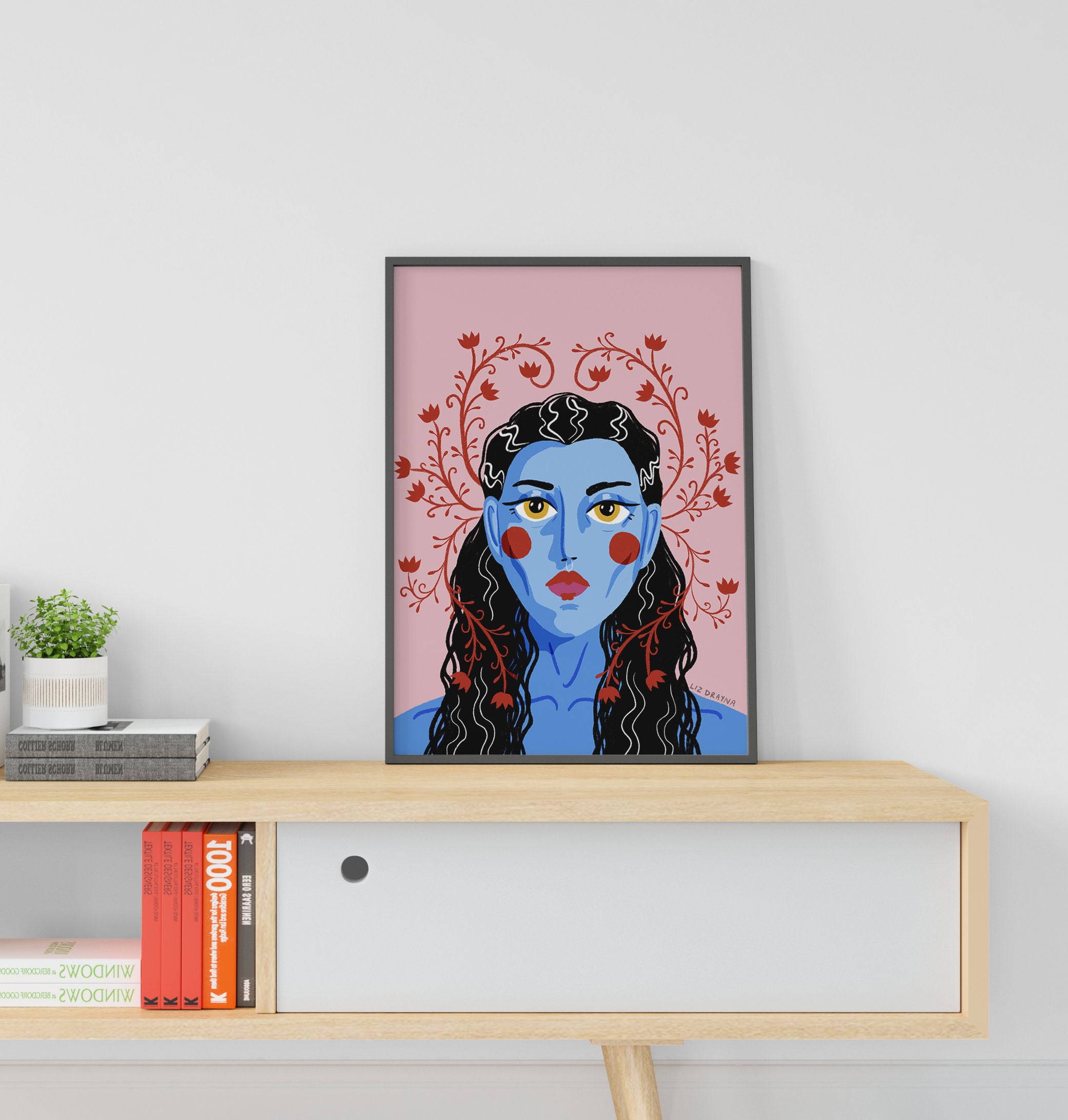 Girl With Aesthetic Flower Vines Wall Art, Woman Portrait Art, Artsy ...