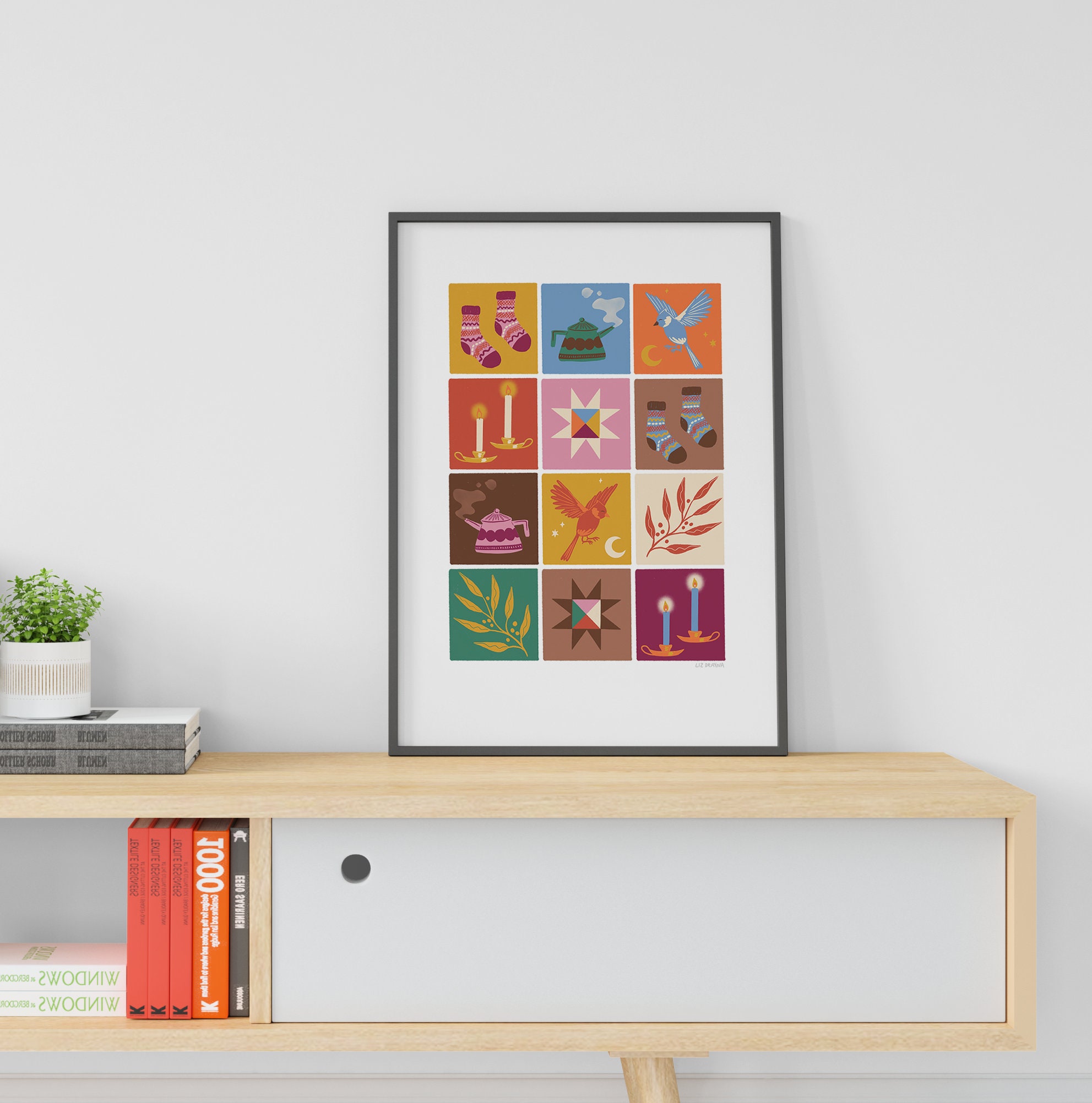 Cozy Doodles Grid Aesthetic Wall Art, Cute Rustic Modern Cottage Room ...