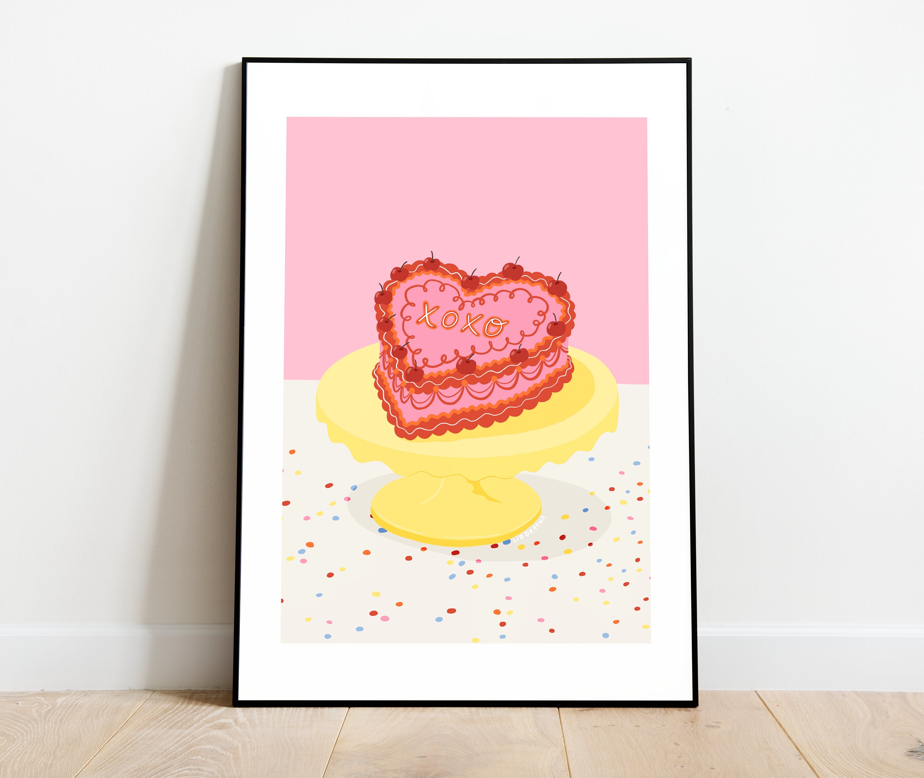 Funky Cherry Heart Cake Art Print, Trendy Pink XOXO Decor (digital ...