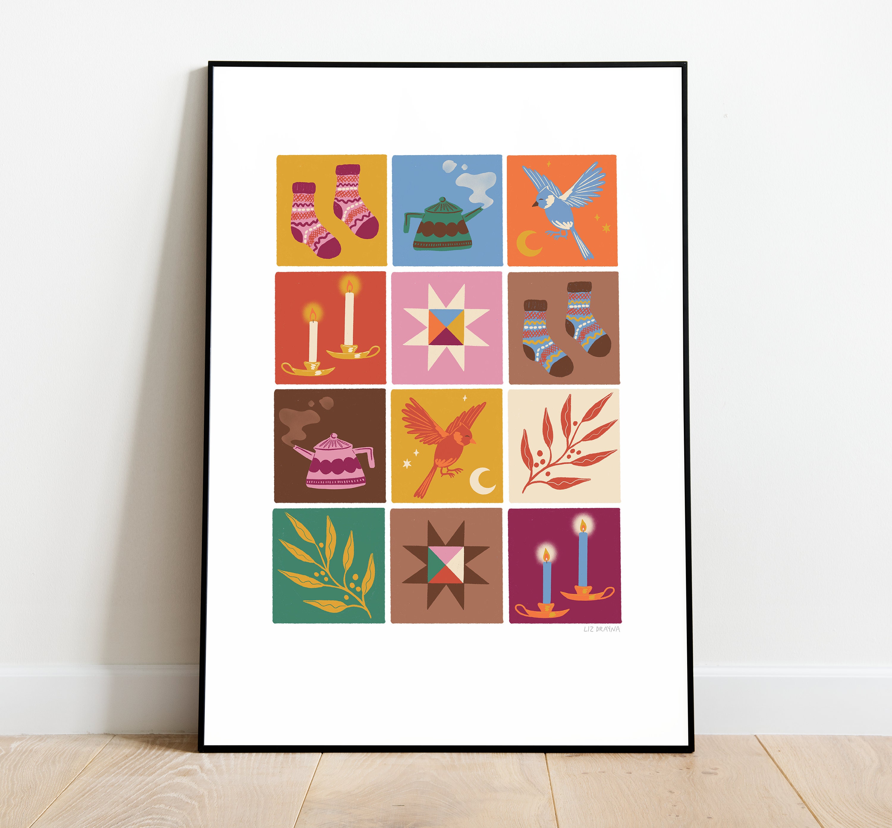 Cozy Doodles Grid Aesthetic Wall Art, Cute Rustic Modern Cottage Room ...