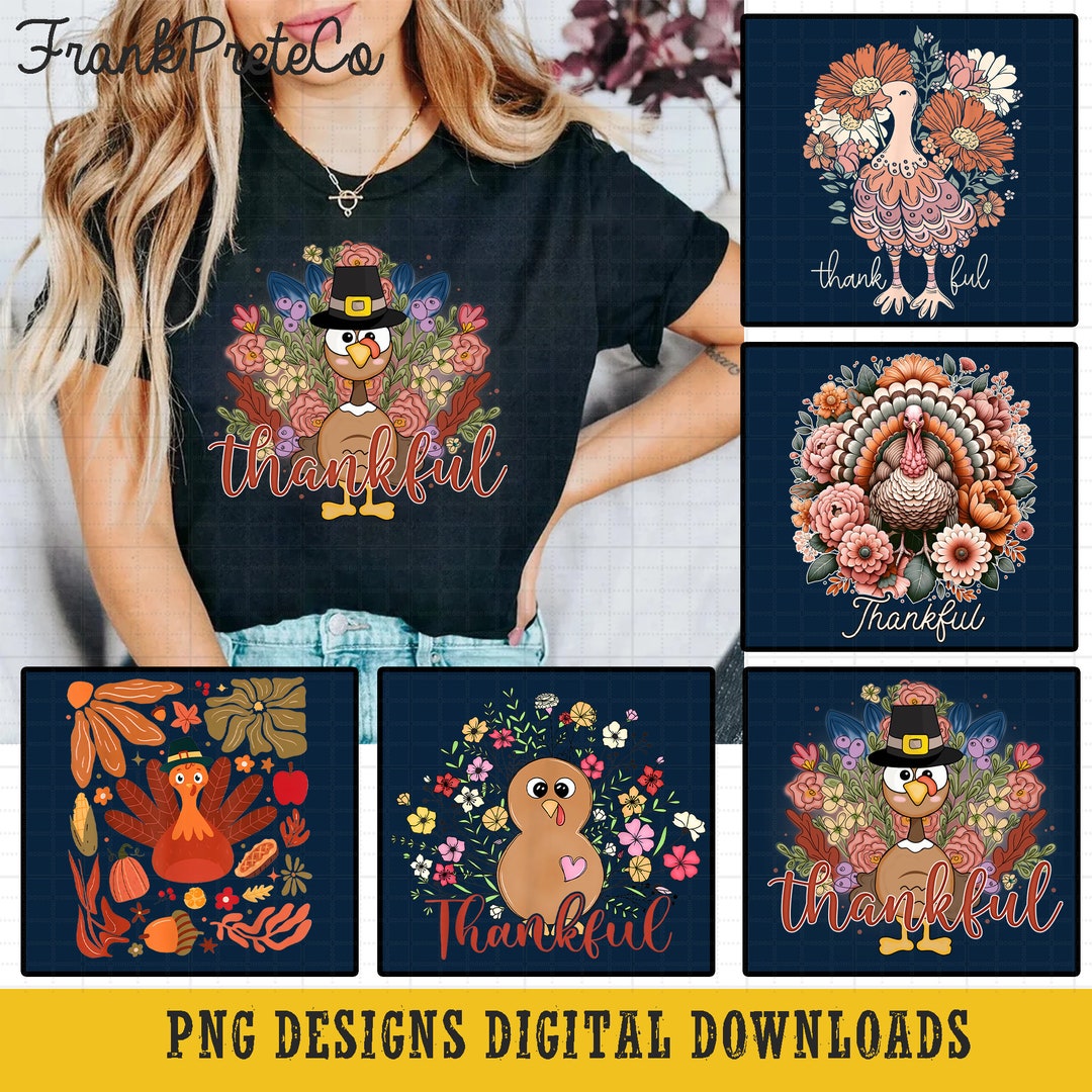 5 Cute Floral Turkey Png Bundle, Hand Drawn Turkey Thanksgiving Png ...