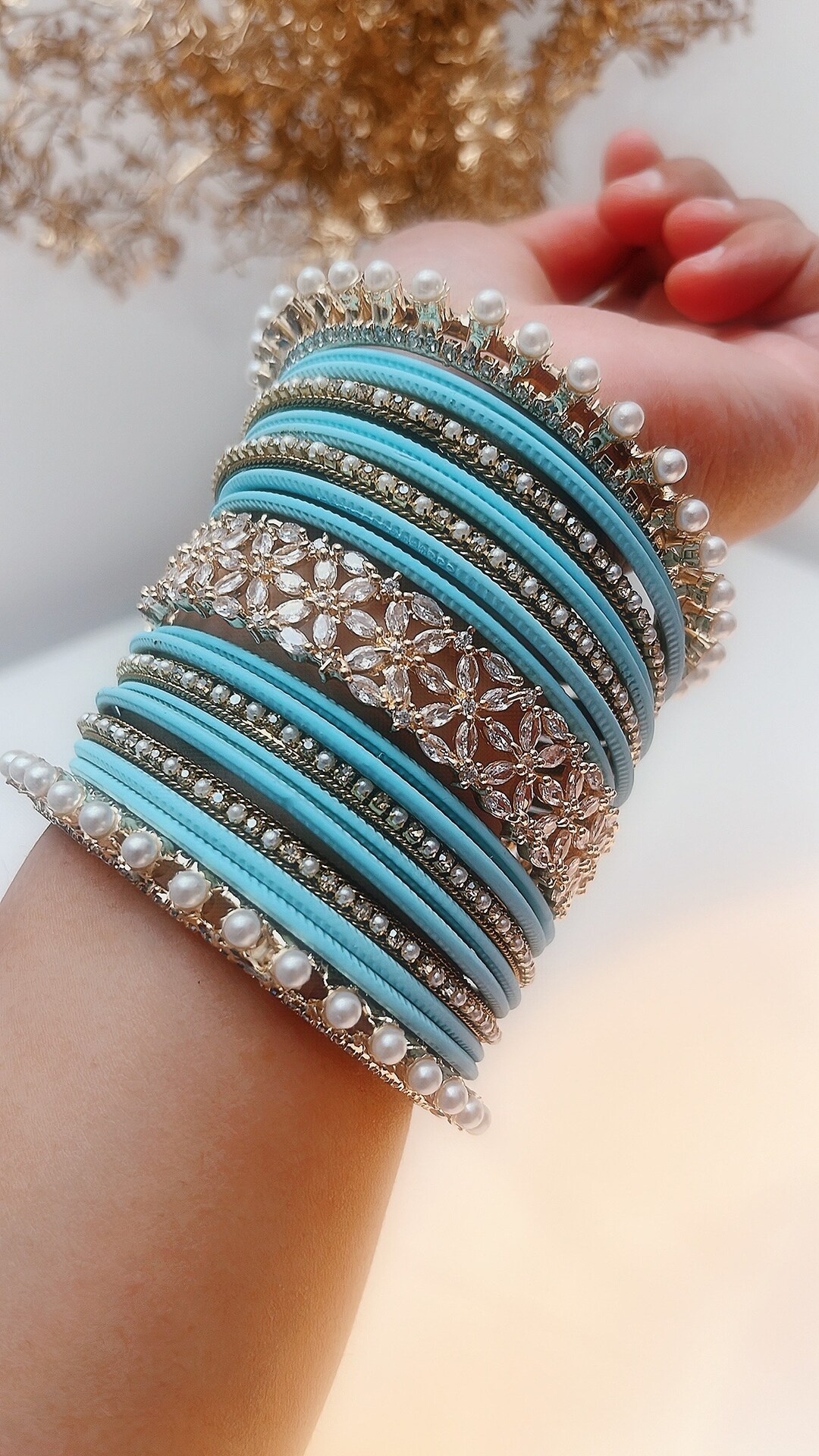 Sky Blue Indian Bangles Set With White Pearl Kangans - Size 2x6, 2x8 - Etsy