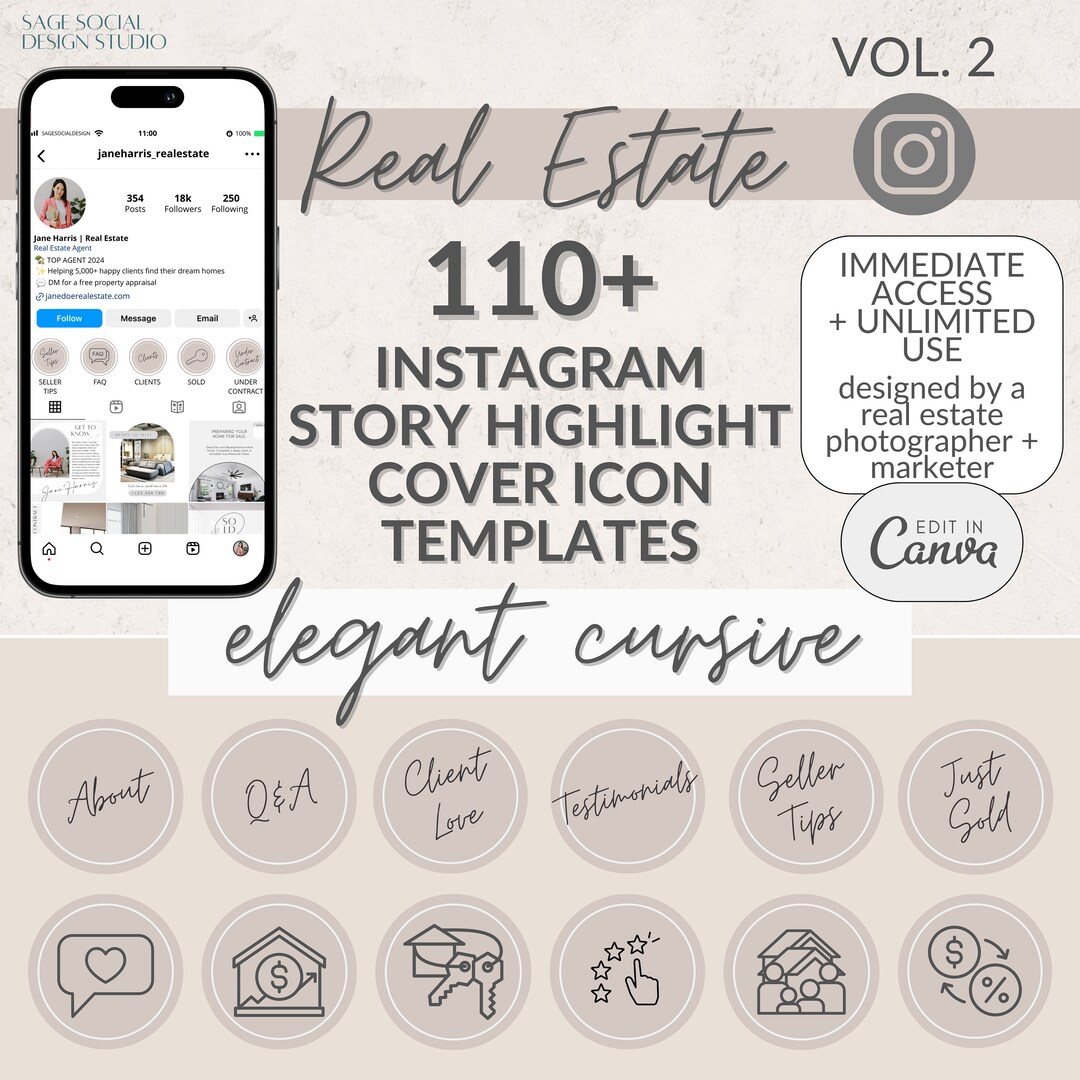 Real Estate Instagram Story Highlight Cover Icons Elegant Cursive | 110 ...