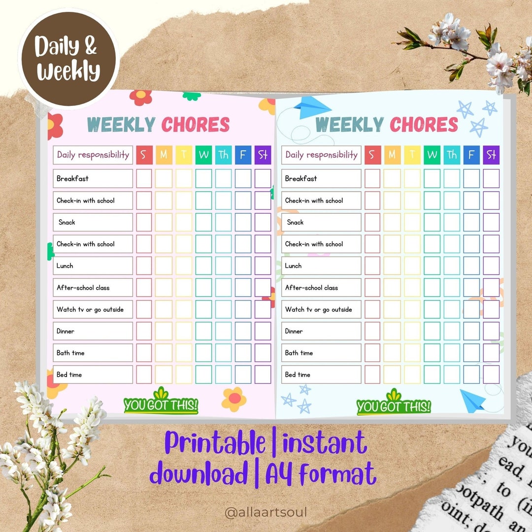 Printable Weekly Chore Responsibilities Chart for Kids and - Etsy