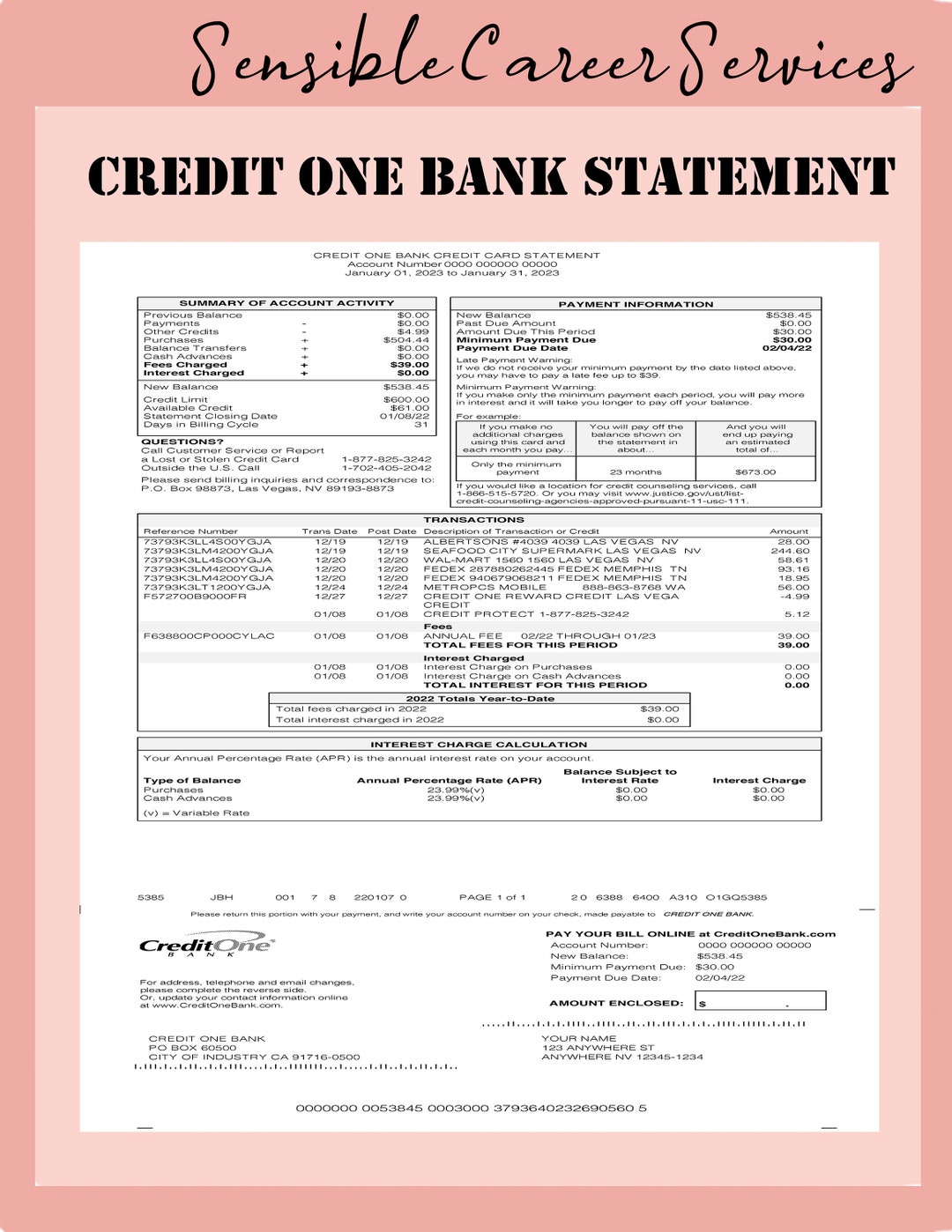 Credit One Bank Statement 2pages Etsy