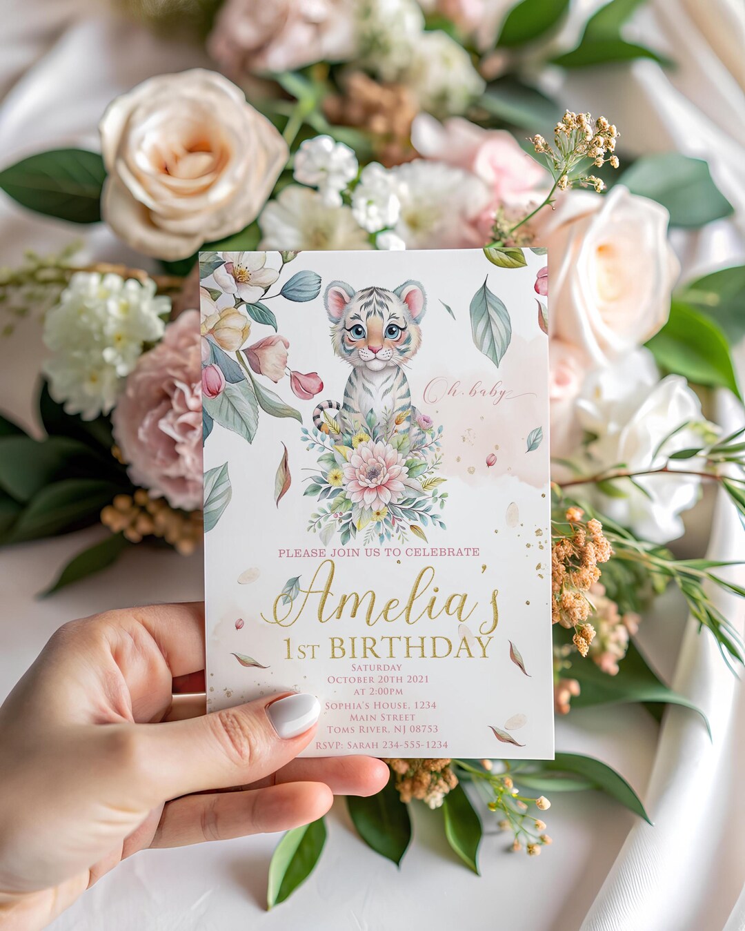 Tiger Birthday Invitation, Cute Animal Card With Flowers, Adorable ...
