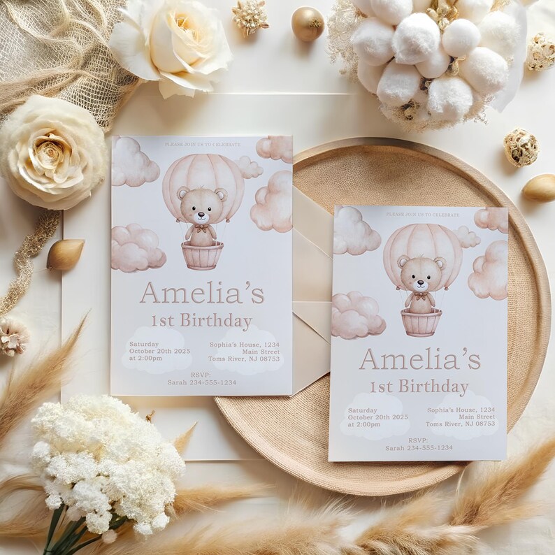 Cute Baby Bear Birthday Invitation, Bear Birthday Invitation, Cute Baby ...