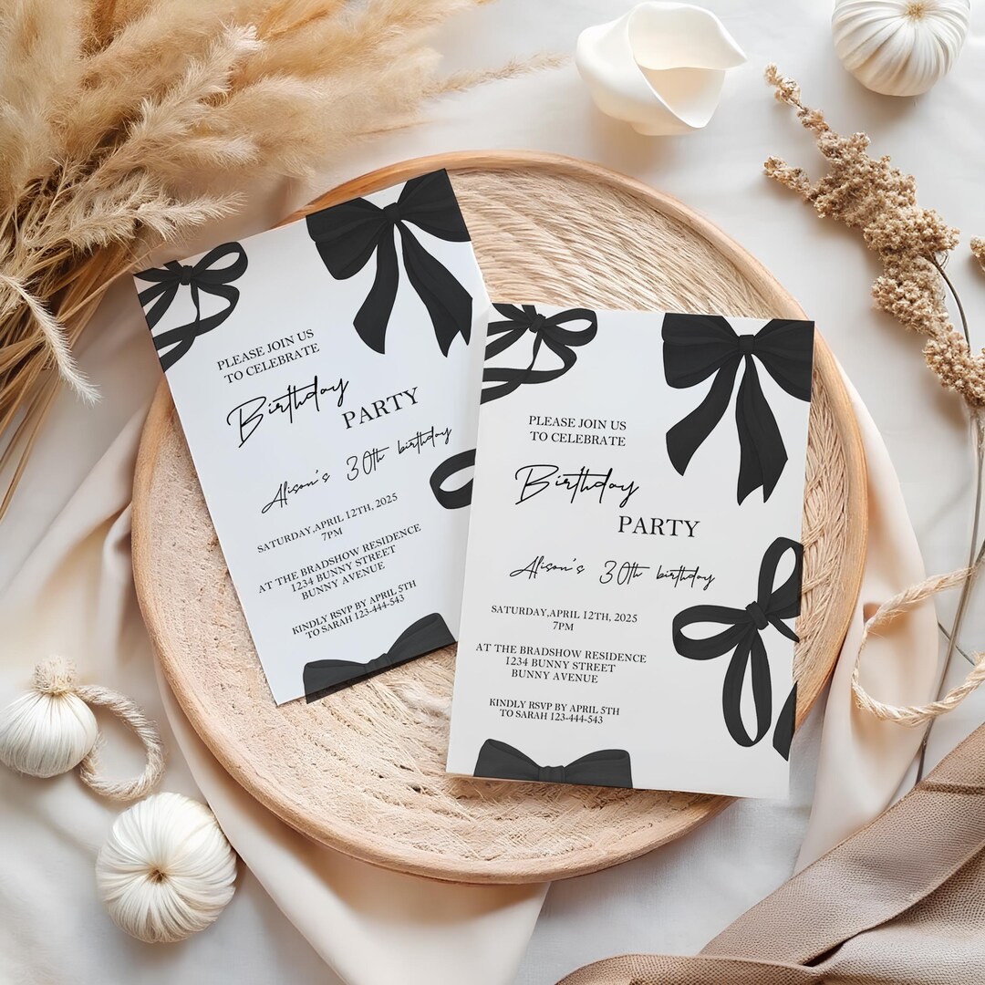 Elegant Black Bow Birthday Invitation - Minimalist Card Design ...