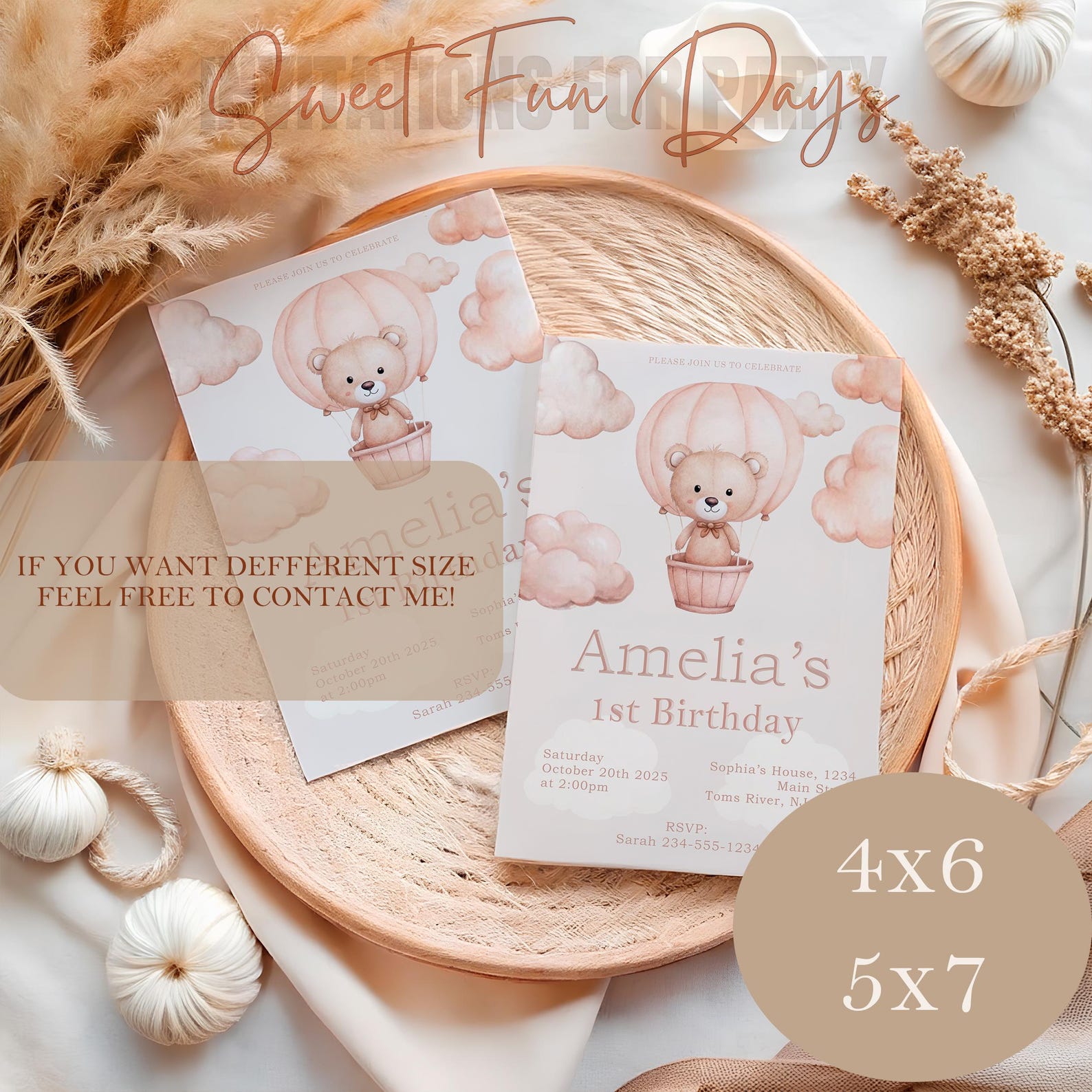 Cute Baby Bear Birthday Invitation, Bear Birthday Invitation, Cute Baby ...