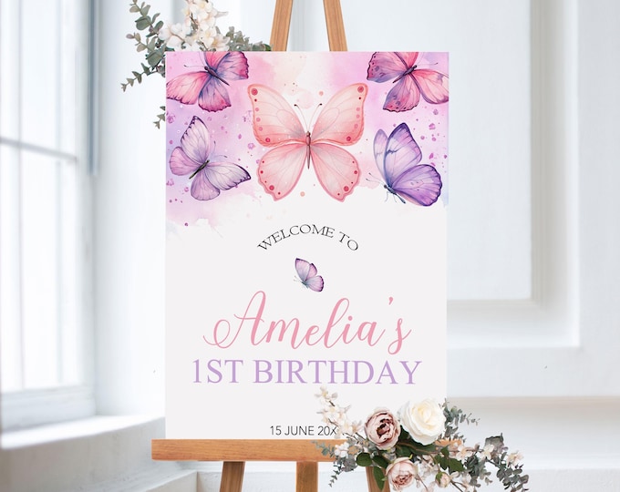 Editable Pink Butterfly Girl Birthday Welcome Sign, Purple Butterflies ...