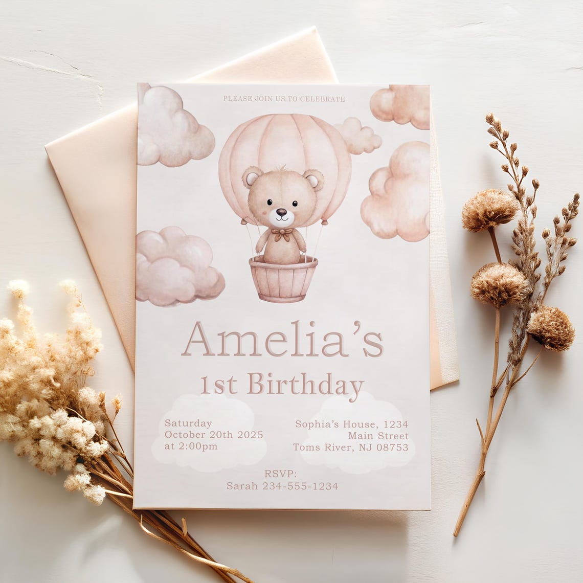 Cute Baby Bear Birthday Invitation, Bear Birthday Invitation, Cute Baby ...