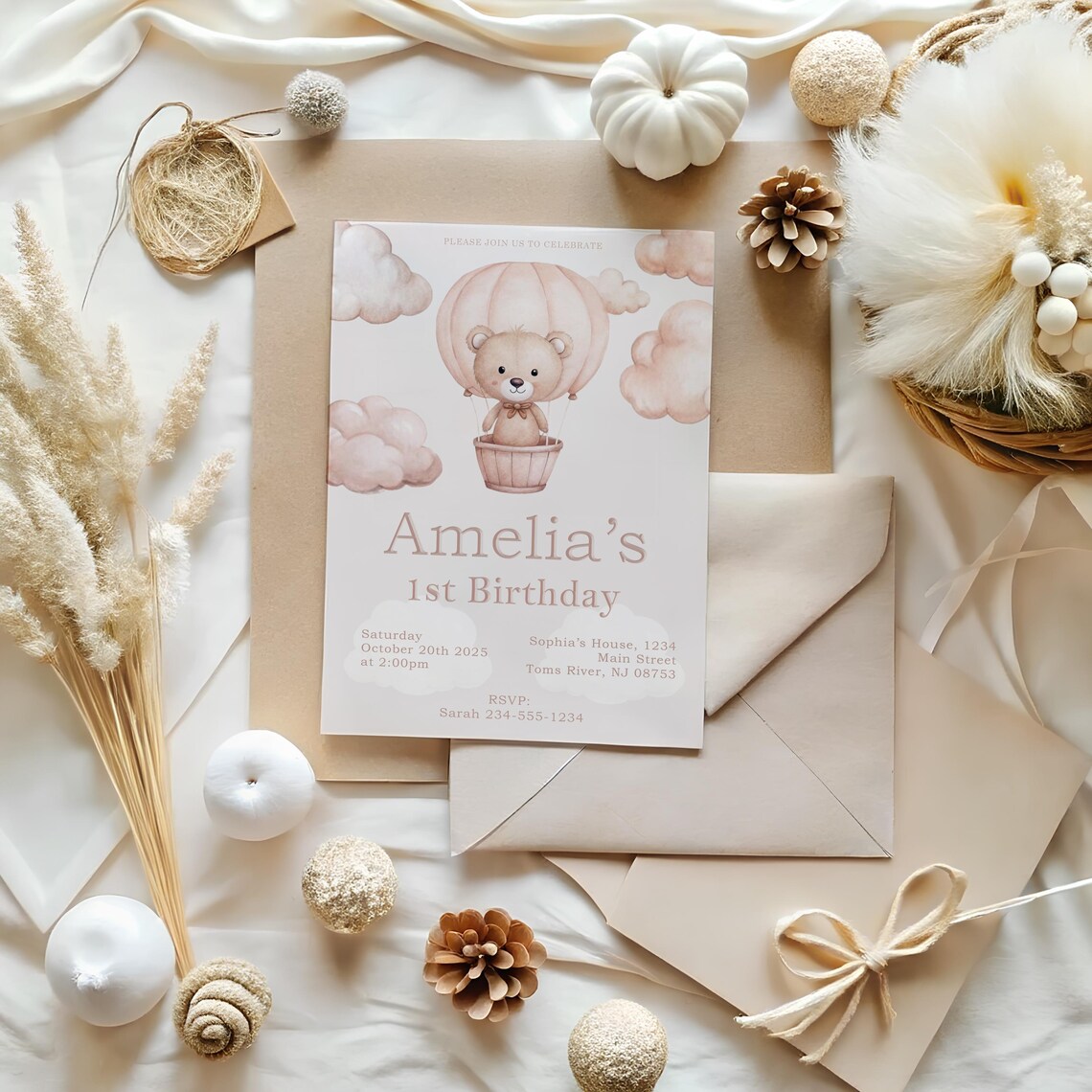 Cute Baby Bear Birthday Invitation, Bear Birthday Invitation, Cute Baby ...