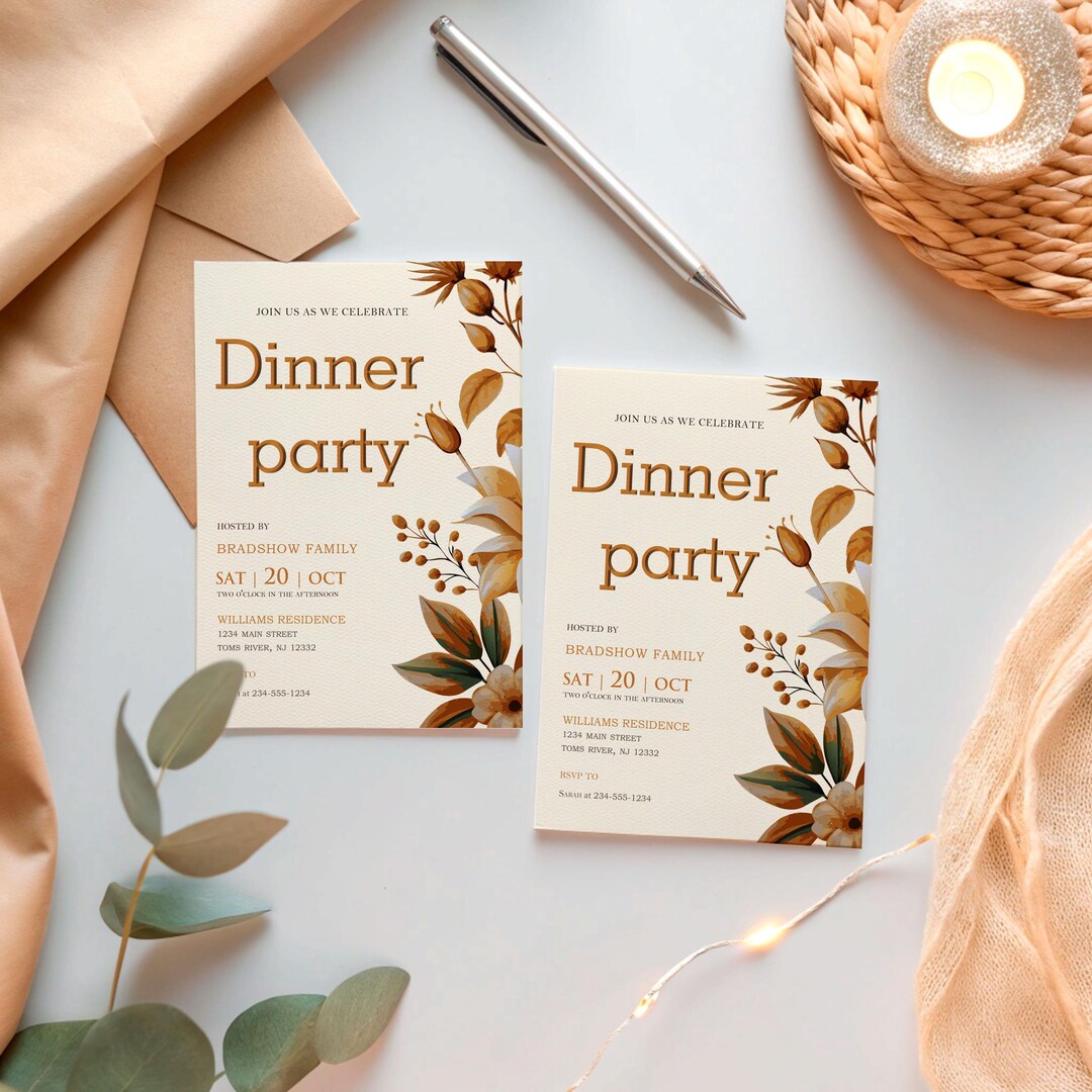 Autumn Dinner Party Invitation, Modern Floral Invite for Sleek Dinner ...