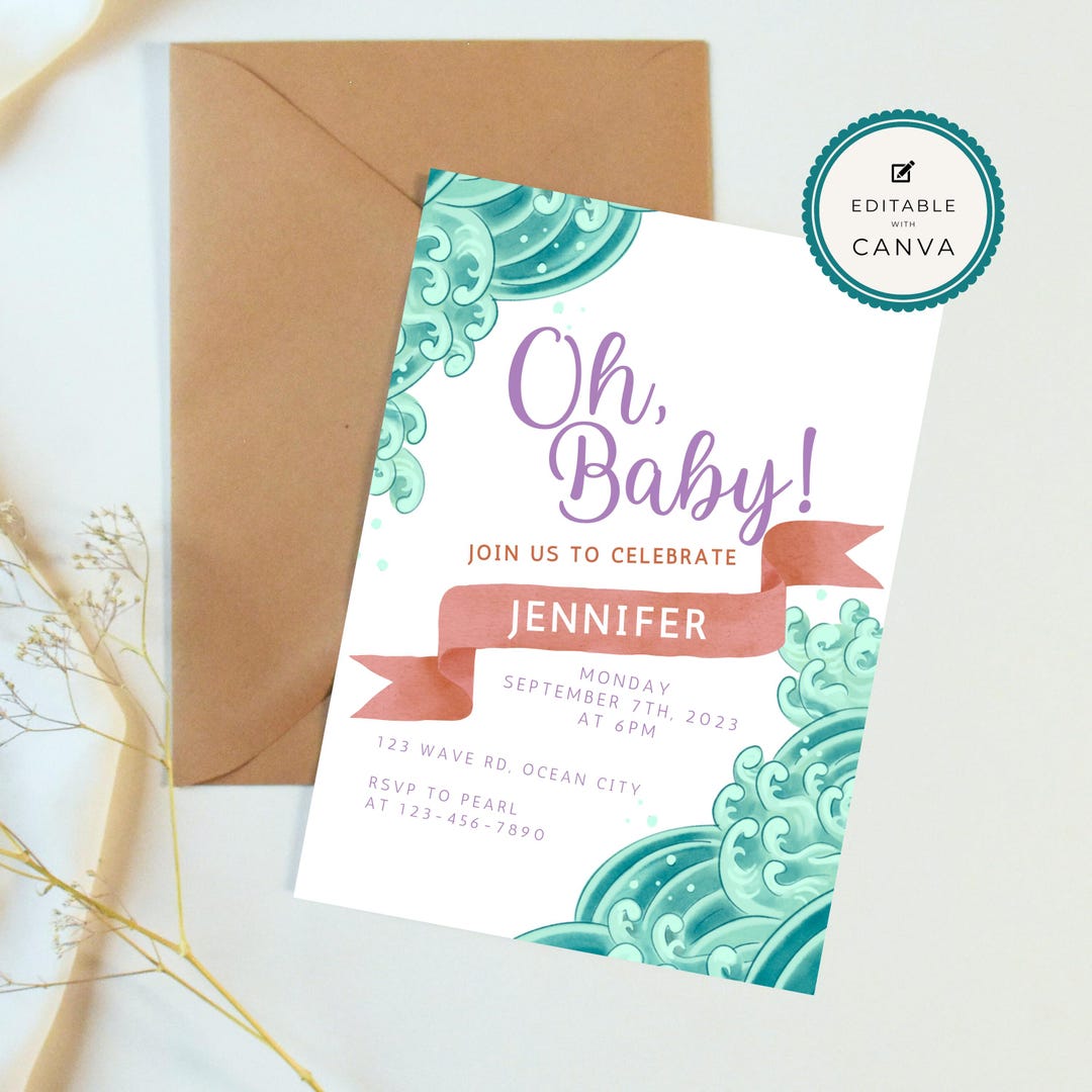 Ocean Girl Baby Shower Invitation INSTANT DOWNLOAD, Cute Wave Invite ...
