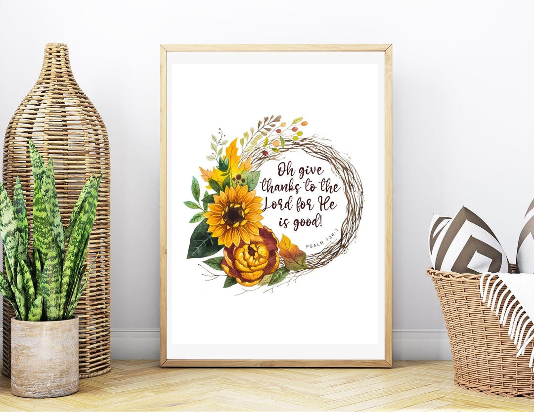 Thanksgiving Bible Verse Wall Art, Give Thanks, Psalm 136:1, Fall ...