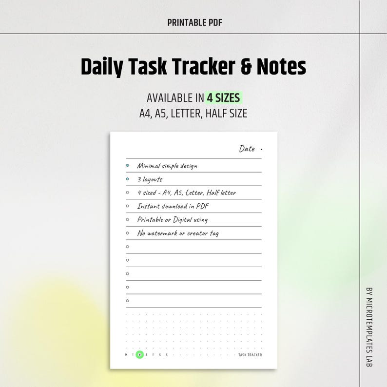 Daily Tasks Tracker & Notes: Minimal TO DO List Printable (PDF Download ...