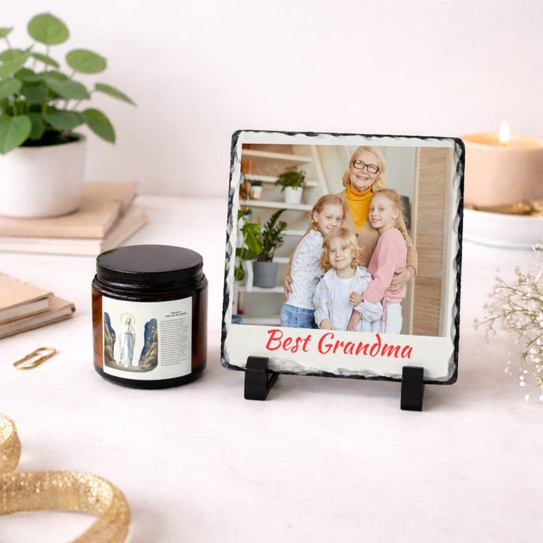 Our Lady of Lourdes Mother Mary Candle Gift Set With Custom Photo Slate ...