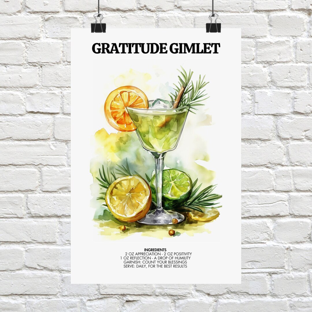Gratitude Gimlet Virtues Vertical Poster Spiritual Recipe Wall Art ...