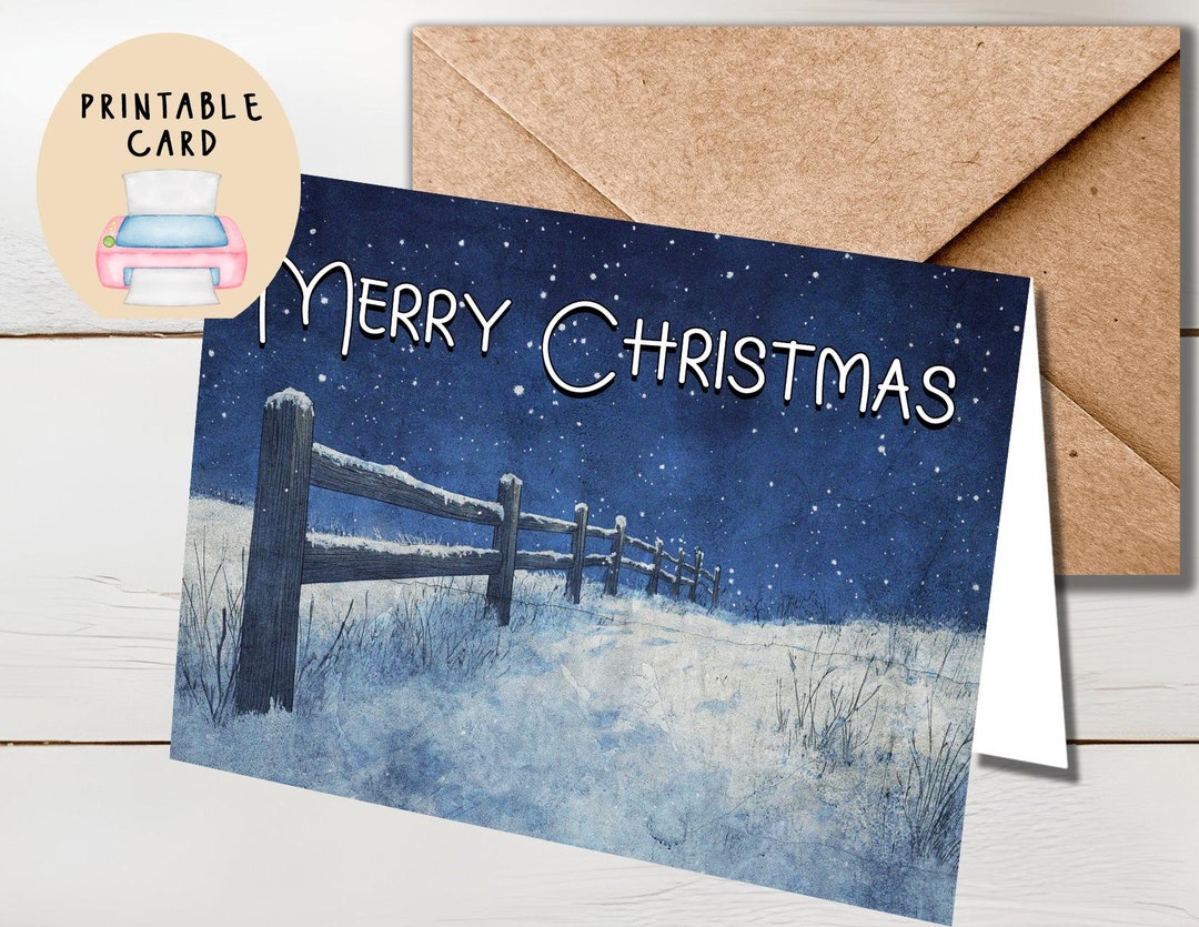 Printable Christmas Card Snowy Fence Winter Night Greeting Card PDF ...
