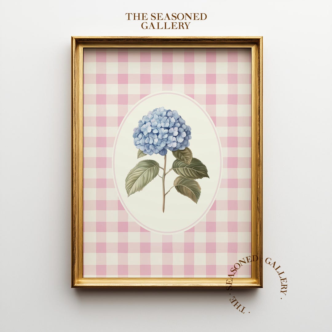 Pink Gingham Blue Hydrangea Watercolor Print, Cute French Country ...