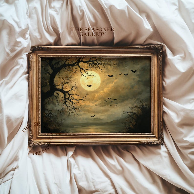 Cloudy Autumn Night Sky Moon and Bats Print, Rustic Halloween Landscape ...