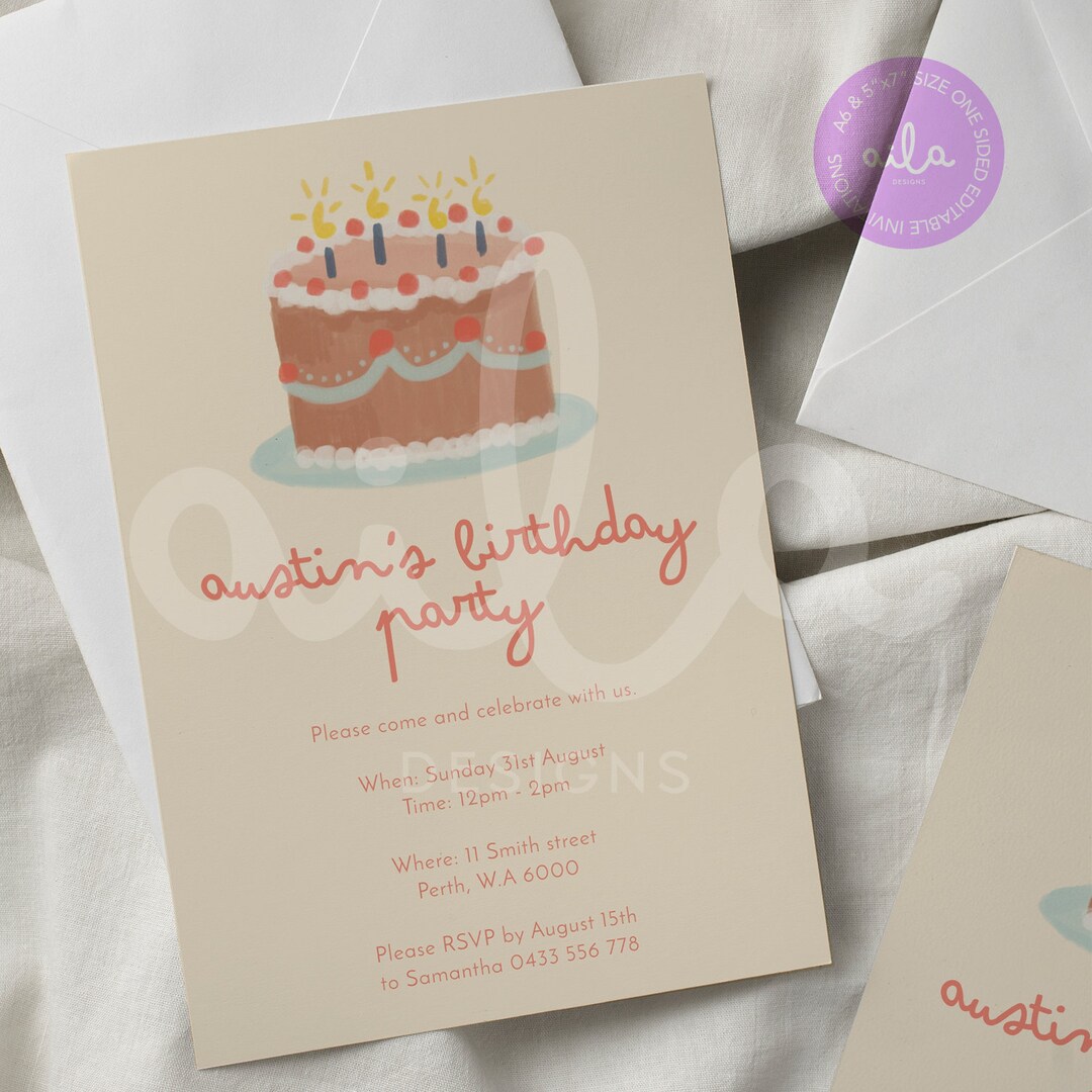 Cake Birthday Invitation, Simple Birthday Invitation, Print at Home ...