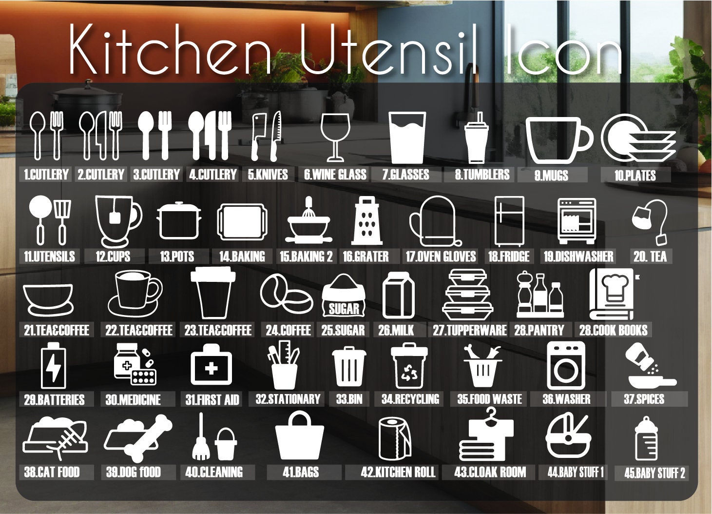 Kitchen Utensil Decals, Kitchen Organizing Labels, Kitchen Icons ...